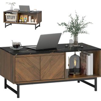 HOMCOM Table basse - HOMCOM - plateau effet marbre, 2 portes et 2 niches ouvertes - panneau de particules et MDF - 100x50,8x45,7cm - noyer