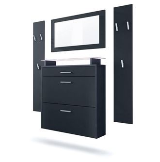 Vladon Garderobe Malea, Garderobenset bestehend aus 1 H&auml;ngeschuhschrank, 1 Wandspiegel und 2 Garderobenpaneele, Anthrazit matt/Schwarz matt, inkl. LED-Beleuc