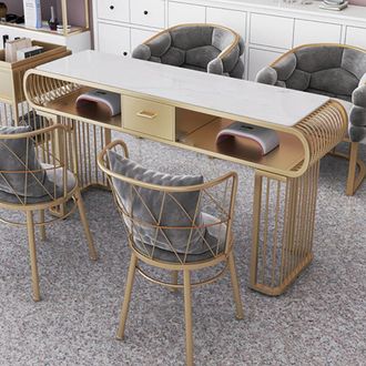 Generic Manicure Table Station Marble Nail, Gold Metal Frame Nail Work, Stylish Double-Layer Nail Work, Nail Salon, Beauty Salon Furniture Equipment Nail, Mak