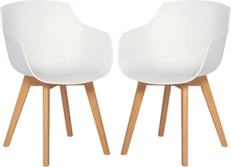 Eggree Esszimmerstühle 2er-Set mit Beinen aus massivem Buchenholz, Retro-Design, Küchenstühle aus Holz, weiß, Wohnzimmerstuhl mit Armlehnen