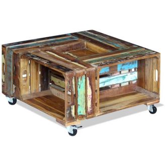 vidaXL Vidaxl - Table basse fixe en bois de r&eacute;cup&eacute;ration massif 70x70x35 cm - Avec 4 roues - Fait main - Surface polie et laqu&eacute;e