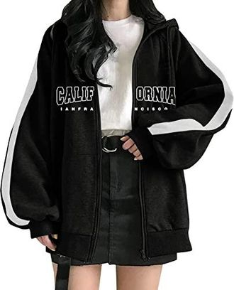 Generic 2026 Vestes &agrave; capuche pour femmes avec fermeture &eacute;clair et fermeture &eacute;clair, veste ample streetwear grande taille, Noir, XXL