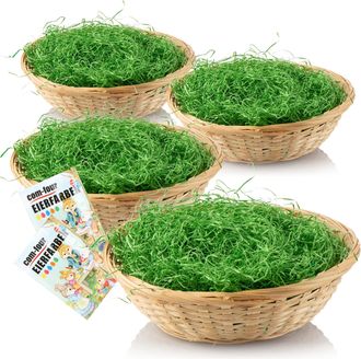 Com-Four 4X Osterkörbchen mit Deko Gras und Eierfarben - Osterkörbe mit grünem Gras - Bastkorb mit Ostergras (Set Natur braun 1)