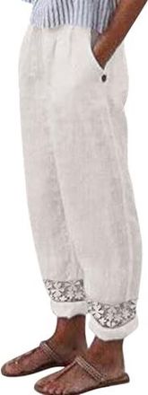 Generic Pantalon en coton et lin pour femme - Jambe large - Pantalon de plage d&eacute;t&eacute; pour femme - Confortable - Pantalon de yoga Palazzo XIYU26005, blanc, XXL