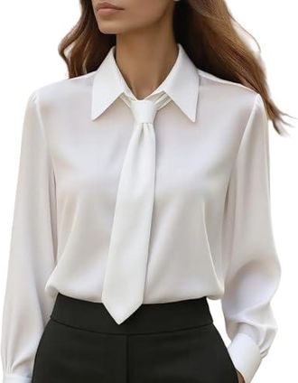 Generic Chemisier en satin élégant à manches longues avec noeud papillon pour femme, blanc, XXL