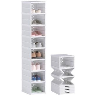 HOMCOM Lot de 10 bo&icirc;tes &agrave; chaussures pliables, bo&icirc;tes de rangement pour chaussures en plastique empilables, rangement chaussure avec couvercles, pour pointur