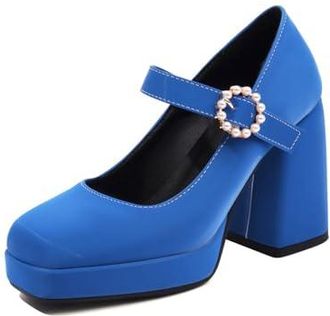 Generic Escarpins Rétro Mary Jane pour Femme Bout Carré Fermé Dessus en Cuir PU Bride À Boucle Perle Talons Hauts Carrés À Plateforme À Enfiler Chaussures Soi