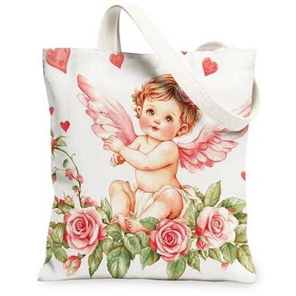 Generic Sac fourre-tout en toile avec motif ange rose pour le shopping, 33 x 38 cm, sac d&eacute;picerie r&eacute;utilisable avec motif coeur damour romantique pour femme, 
