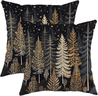 Generic Schwarzer Und Goldener Weihnachtsbaum Kissenbezug Quadratische Sofakissenbezug Dekorative Dekokissen F&uuml;r Sofa Hotel B&uuml;ro 45X45Cm 2Er Set
