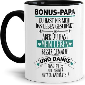 Tassendruck Tasse mit Spruch - Danke Bonus Papa - Kaffeetasse/Spruchtasse/Bester Stiefpapa/Geschenk Stiefvater - Innen & Henkel Schwarz