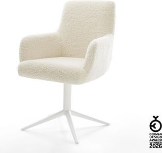 DELIFE Drehstuhl Heira-Flex mit Armlehnen Teddystoff Beige Fu&szlig;kreuz Wei&szlig; 360&deg; drehbar Wippfunktion Taschenfederkern, Esszimmerst&uuml;hle