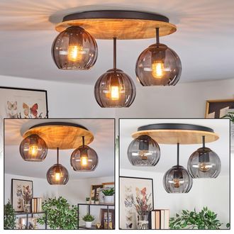 HOFSTEIN Deckenleuchte Koyoto, 3-flammige Deckenlampe aus Metall/Holz/Riffelglas in Schwarz/Natur/Rauch, Leuchte Retro/Vintage-Design, Schirme &Oslash; 15 cm, E27, Es