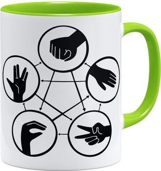 OM3 Hand Signs Big Bang Kaffee-Tasse - Keramik Becher - 11oz 325ml - Rock Paper Scissors Lizard Spock TBBT Nerd - Hellgr&uuml;n