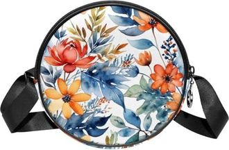 Generic Petit sac &agrave; bandouli&egrave;re circulaire pour femme, motif feuilles florales, sac &agrave; dos avec fermeture &eacute;clair, bretelles r&eacute;glables, sac &agrave; main rond d&eacute;contra