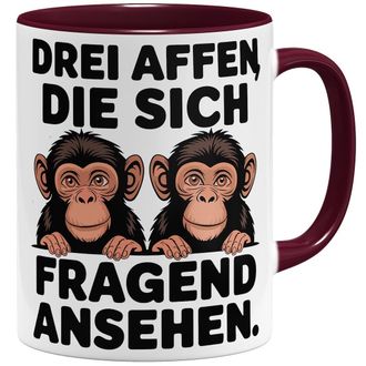 OM3 witzige Kaffee-Tasse mit Spruch - Drei Affen, die sich fragend ansehen | Keramik Becher | 325ml | Beidseitig Bedruckt | Bordeaux