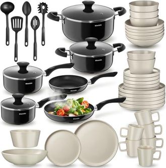 TecTake Set de cuisine 45 pi&egrave;ces, Service de table 6 personnes et Batterie de cuisine, Po&ecirc;les, Casseroles, Assiettes plates, Assiettes creuses, Bols, Tasses, 