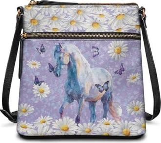 Coloranimal Sac &agrave; bandouli&egrave;re pour femme - Sac &agrave; bandouli&egrave;re &agrave; fermeture &eacute;clair - Sac &agrave; bandouli&egrave;re l&eacute;ger en cuir synth&eacute;tique, Cheval papillon marguerite