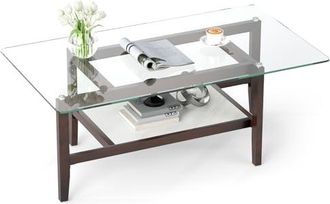 Giantex Table basse en verre - Rectangulaire - Moderne - 2 niveaux - Avec pieds en bois massif - Pour salon, bureau - 107 x 60 x 42 cm