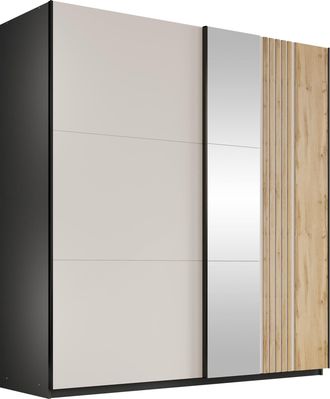 Mirjan24 Kleiderschrank Eludyna 203 mit Spiegel, Garderobenschrank, Dielenschrank, Schlafzimmerschrank mit 2 Kleiderstangen und Einlegeb&ouml;den (Schwarz/Cashmere 