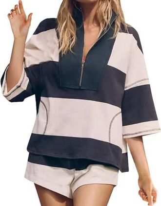 Generic Tenue d&eacute;t&eacute; 2 pi&egrave;ces pour femme - Ensemble dentra&icirc;nement ray&eacute; surdimensionn&eacute; assorti - Ensemble de d&eacute;tente assorti avec chemise et short &agrave; fermeture &eacute;c