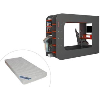 Vente-Unique Lit mezzanine gamer 90 x 200 cm - Avec bureau et rangements - Avec LEDs - Anthracite et rouge + matelas - WARRIOR