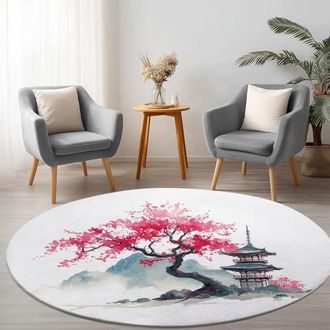 Generic Cr&egrave;me Tapis Japonais Rond Antid&eacute;rapant, Pagode Cerisiers en Fleurs Montagnes Motif Doux Tapis Poils Courts pour Salon Couloir Chambre Cuisine Descente