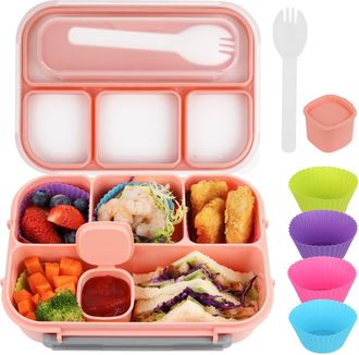 Mamix Bento-Box f&uuml;r Kinder, Lunchbox f&uuml;r Kinder, Lunchbeh&auml;lter f&uuml;r Erwachsene, 4 F&auml;cher, auslaufsicher, mit Saucen-Snack-Topf, Besteck (Rosa)