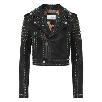 Philipp Plein Femme, Vestes, Noir, Taille: 44 FR Veste de motard courte en cuir vintage &agrave; clous