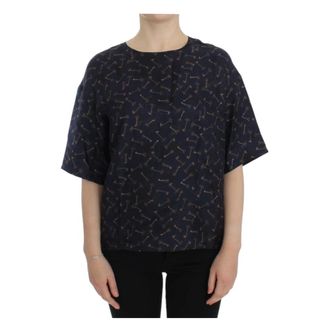 Dolce & Gabbana Blaue Seidenbluse mit Goldschl&uuml;ssel-Print - - Tops - Damen - Blau - M