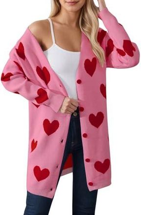 Generic Cadeau de Saint-Valentin 2026 - Cardigan en tricot coeur pour pull long ouvert sur le devant avec col et fermeture &agrave; bouton - V&ecirc;tement dext&eacute;rieur d&eacute;co