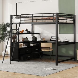 Merax Kinderbett Hochbett 140x200 cm Metallbett mit L-förmigem Schreibtisch, 4 Schubladen und Regal, Bettgestell mit Lattenrost (ohne Matratze) für Kinder/E