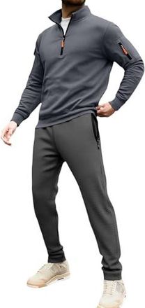 Generic Survêtement athlétique 2 pièces pour homme avec manches longues et col rond et pantalon de jogging en coton mélangé avec poches, G-gris., XXL