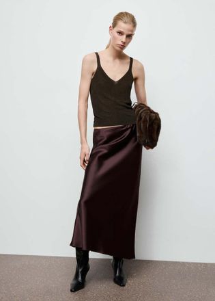 Mango Top maille Lurex col en V chocolat - Femme - XXL - MANGO