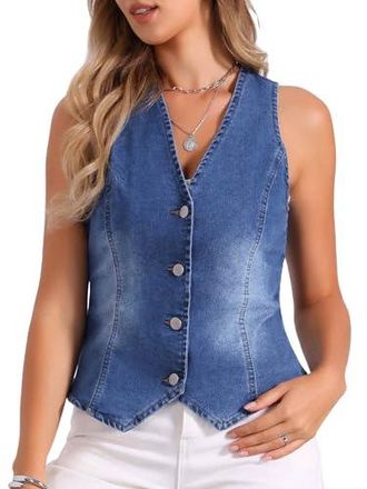 Allegra K Gilet en Jean pour Femme Blouson sans Manches en Denim à Col en V Veste Boutonné Décontractée Vintage Bleu XL