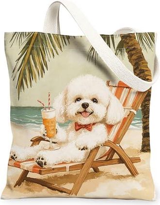 Generic Sac fourre-tout amusant en toile motif bichon fris&eacute; 33 x 38 cm, sac &agrave; bandouli&egrave;re r&eacute;utilisable pour femme, peinture danimaux domestiques, d&eacute;coration c