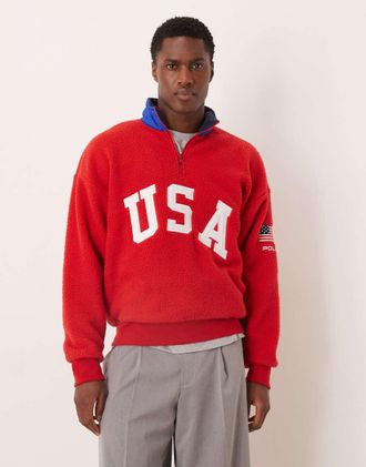 Polo Ralph Lauren Team USA - Polaire unisexe avec col zipp&eacute; et logo sur la poitrine - Rouge