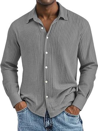 Generic Chemise &agrave; manches longues en coton pour homme - Coupe ample - Couleur unie - Extensible - Boutonni&egrave;re - Mousseline - Revers - Chemise de travail - Che