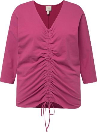 Ulla Popken Damen gro&szlig;e Gr&ouml;&szlig;en &Uuml;bergr&ouml;&szlig;en Plus Size T-Shirt, Raffung, V-Ausschnitt, 3/4-Arm, Biobaumwolle Fuchsia 50+ 829376816-50+
