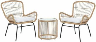 Beliani Beliani - Balkonset Hellbraun Rattan Stahl Sicherheitsglas 2 Stühle Beistellstisch mit Auflagen Balkon Terrasse Garten
