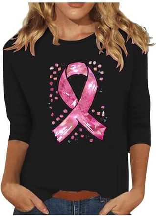 Generic T-Shirt pour Femmes sur Le Cancer du Sein Octobre Rose à Manches Longues Ruban Rose De Sensibilisation Au Cancer du Sein DOctobre Sport Oversize Sweat