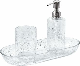 Loberon Bad-Set Flavienne, mundgeblasen, besondere Struktur, Becher, Schale & Seifenspender, Badzubehör, Badaccessoires, Glas, Edelstahl, klar