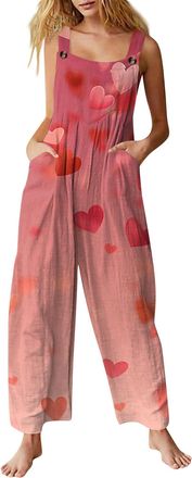 Generic Valentinstag Latzhose f&uuml;r Damen L&auml;ssige &auml;rmellose Jumpsuits mit weitem Bein Herz Grafik Festliche Einteiler Jumpsuit mit Taschen Red XL