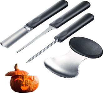 Westmark Dekorations-Schnitz-Set für Kürbisse und anderes Obst/Gemüse, 4-tlg., inklusive Schnitz-Vororlagen, Halloween, Rostfreier Edelstahl/Kunststoff, Schwar