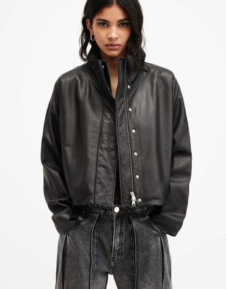 AllSaints Ryder - Locker geschnittene Lederjacke in Schwarz