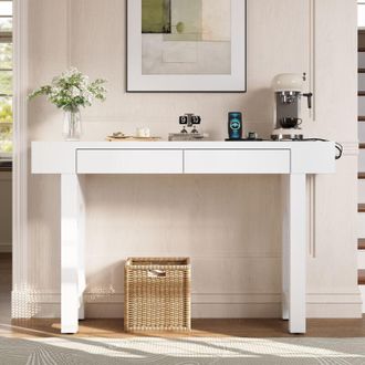 Liberte Console dentr&eacute;e 120 cm, 2 tiroirs, prises USB/Type-C, style scandinave,blanc