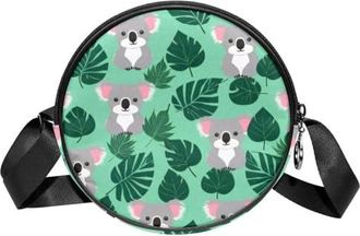 Generic Sac &agrave; bandouli&egrave;re rond pour femme, motif feuilles de koalas, petit sac &agrave; bandouli&egrave;re avec fermeture &eacute;clair, bretelles r&eacute;glables, sac &agrave; main rond d&eacute;con