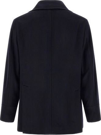 Brunello Cucinelli Double-Breasted Wool Peacoat Coat - Navy