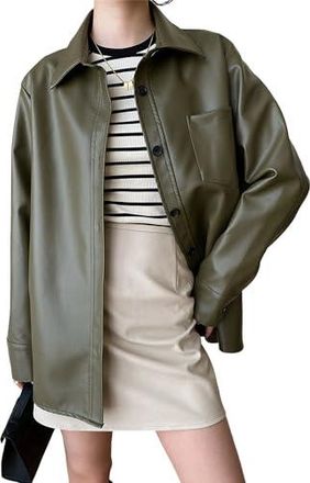 Generic Chemisier en similicuir l&eacute;ger &agrave; manches longues pour femme, Vert, M