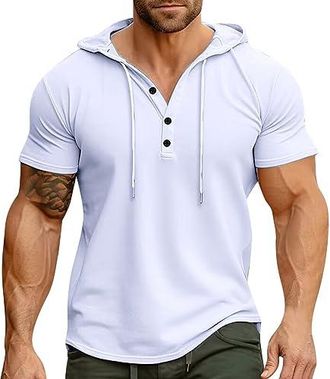 Generic Sweat a Capuche Homme Hooded Sweatshirt T-Shirt Homme Manches Courtes Unicolore &agrave; Capuche Boutonn&eacute; pour Un Look Confortable au Quotidien