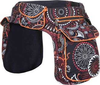 Kunst und Magie Doppelte Bauchtasche, Mandala-Muster, Festival-Gürteltasche aus Baumwolle, Verstellbarer Gurt Hippie Goa (Schwarz/Orange)